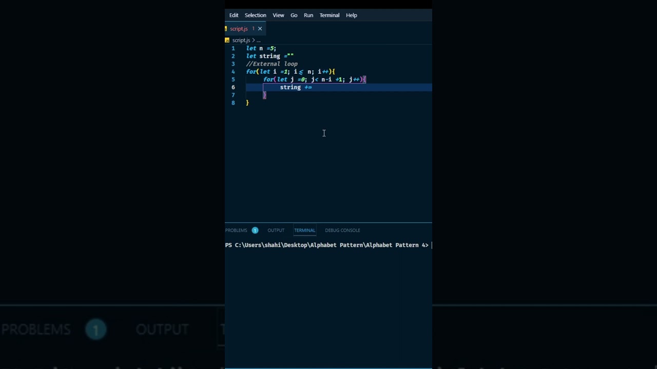 Alphabet Pattern 4 in javascript using for loop