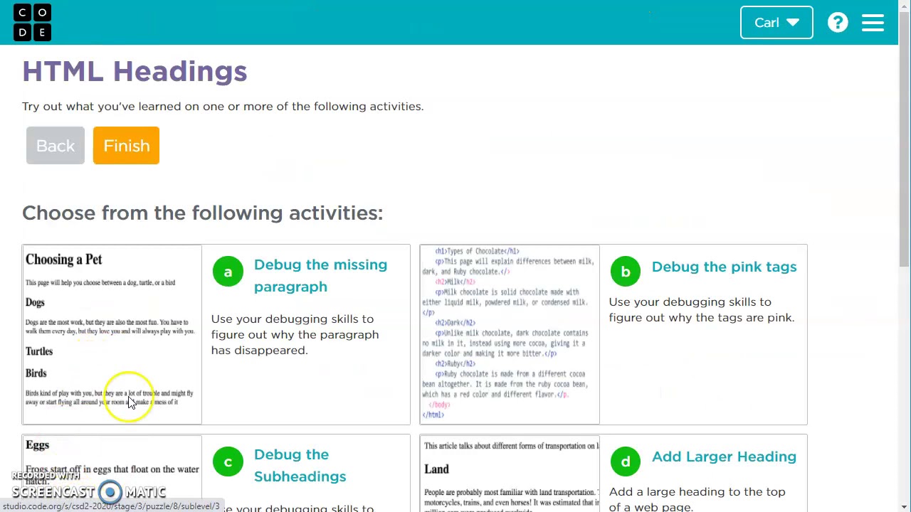 Code.org CS Discoveries Unit 2, Lesson 3: Headings