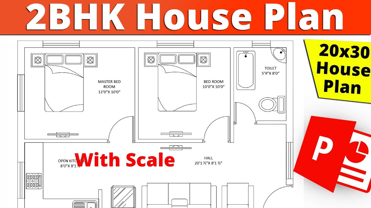 2BHK House Plan in Microsoft Powerpoint - 20ft x 30ft House Plan