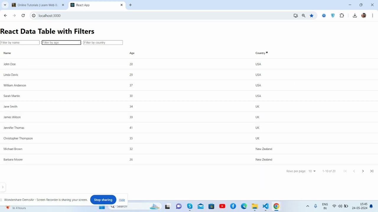React Data Table with custom filters working demo