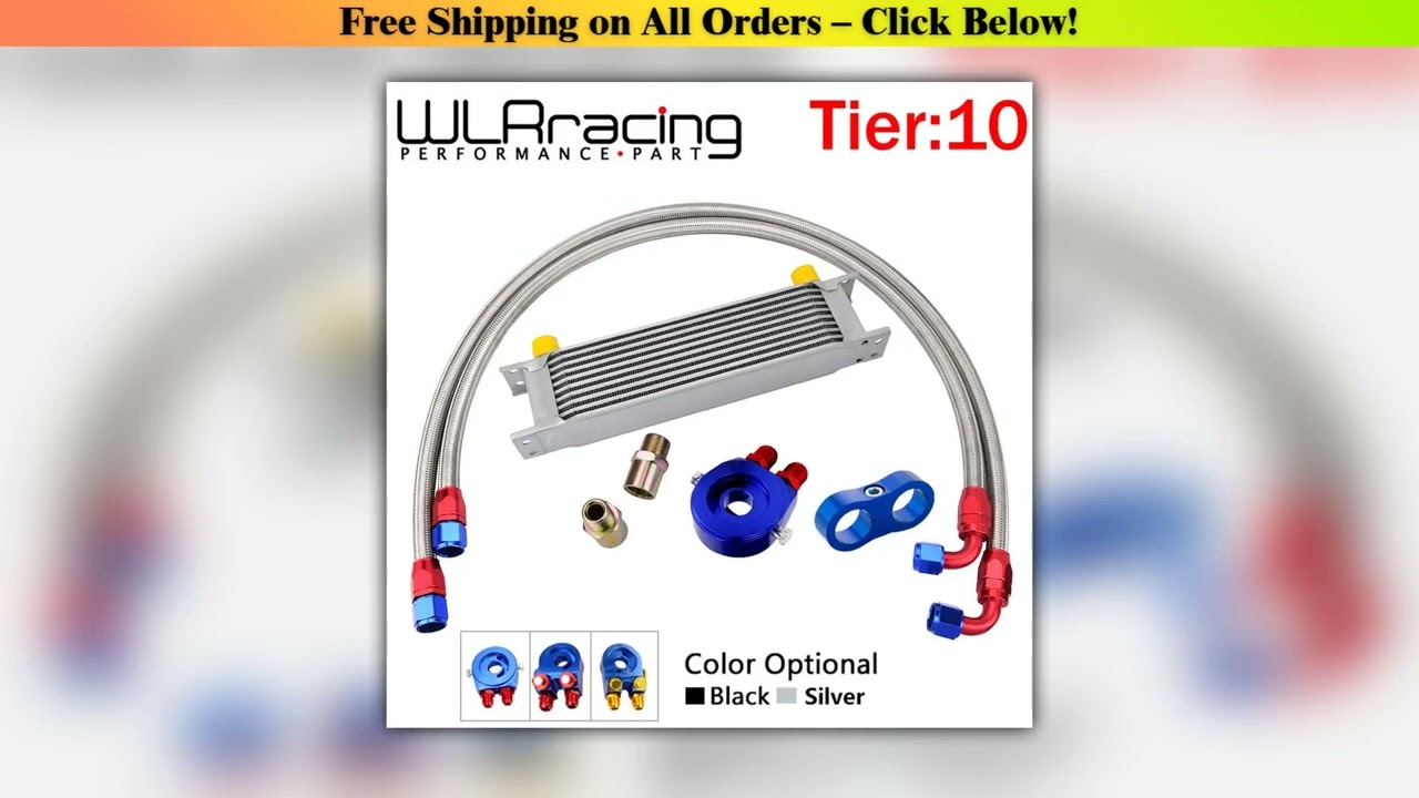 AN10 Universal 10 Rows Oil Cooler Kit + Oil Filter Sandwich Adapter + Staingless Steel Braided