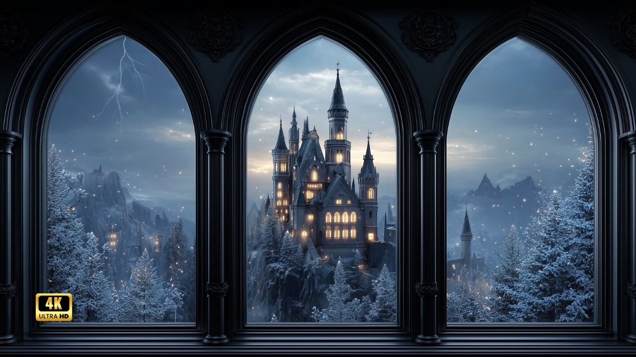 Winter Castle Window Ambience ❄️ | 4K Medieval Castle • Fantasy Music • Snowfall