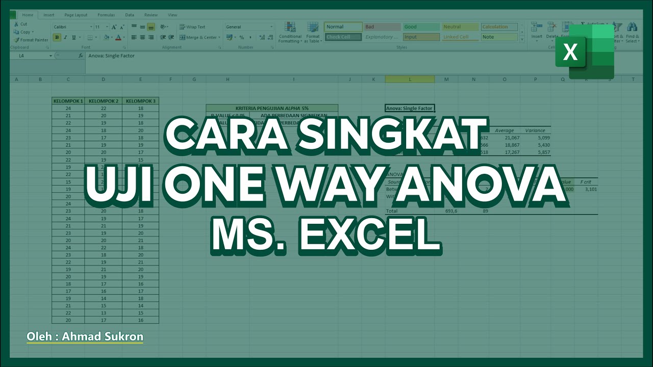 Tutorial EXCEL : Uji One Way ANOVA dengan EXCEL ➡️ ANOVA Single Factor EXCEL ‼️