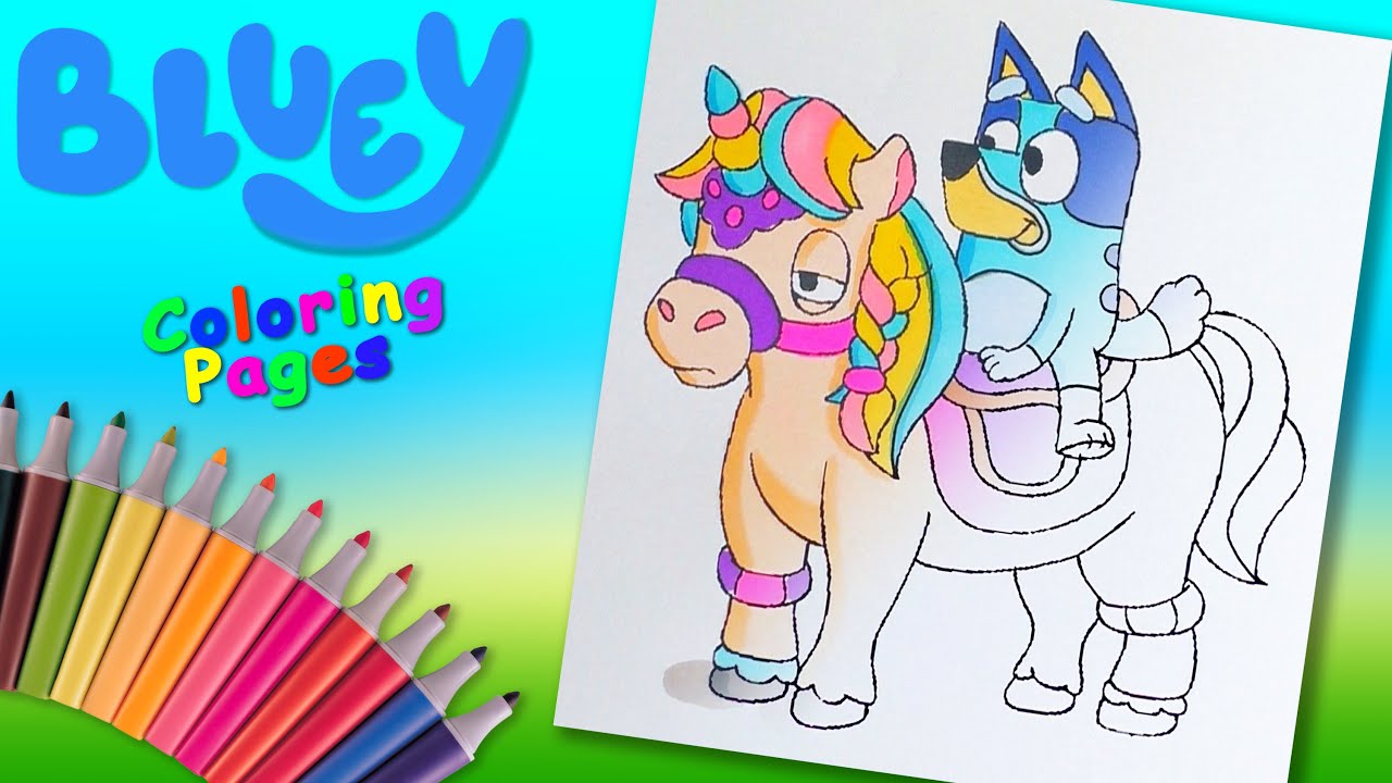 Bluey rides a Rainbow Pony Coloring Pages for Kids. Disney Jr. Coloring Bluey & Bingo Coloring Book