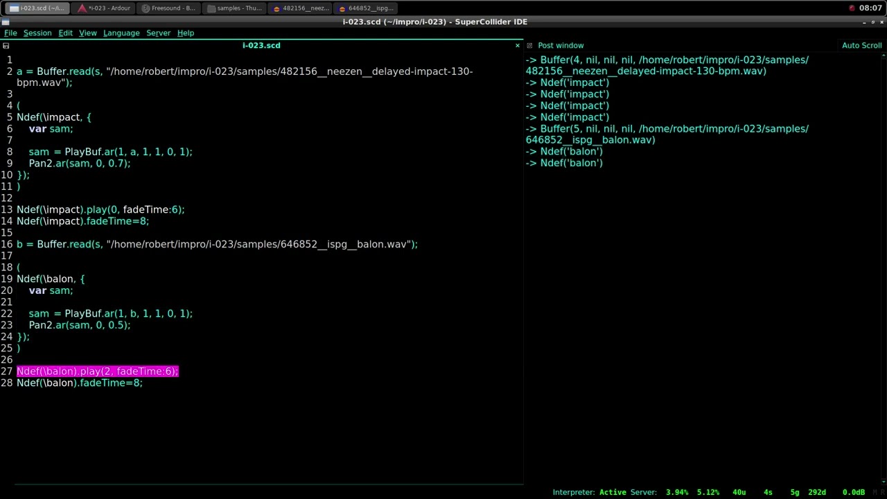 Electroacoustic Improvisation 023 (Live coding with Supercollider)