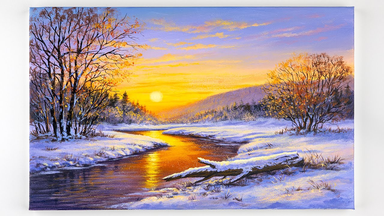 Acrylic Painting Tutorial: Winter Sunset Landscape & River Reflections (Step by Step)