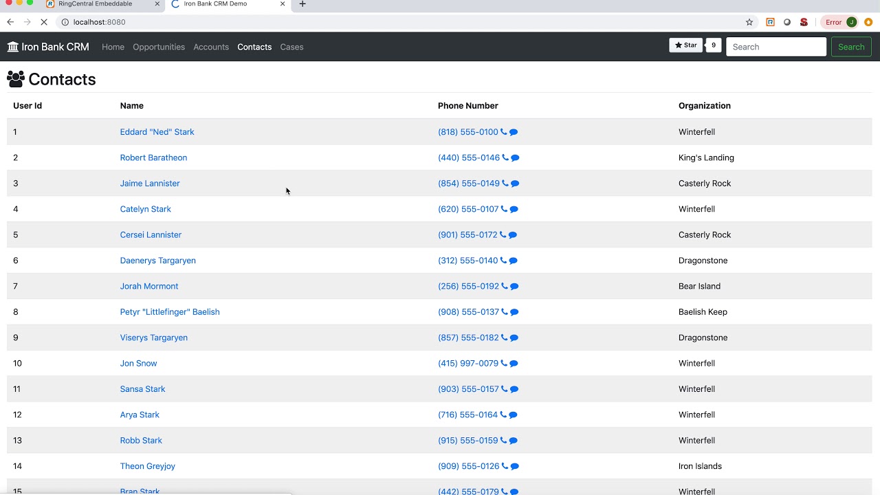 RingCentral Embeddable Demo - Game of Thrones CRM