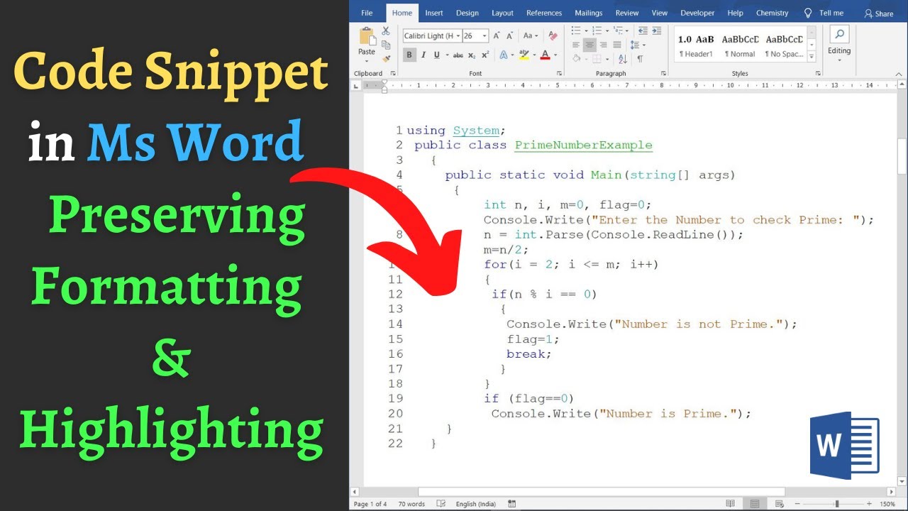 How to easily insert code snippet into Word preserving format, syntax highlighting & line numbers
