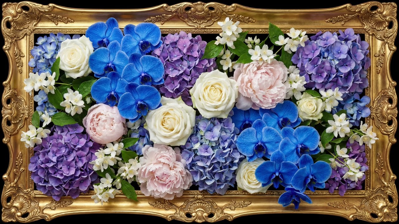 Blue Orchids in a Golden Frame 💙🩵 | 4K Frame TV Art | Elegant Spa TV Wallpaper