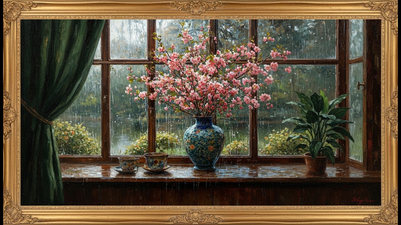Soft Rainy Window Scene 4K | Tranquil Flower Art Screensaver Looping