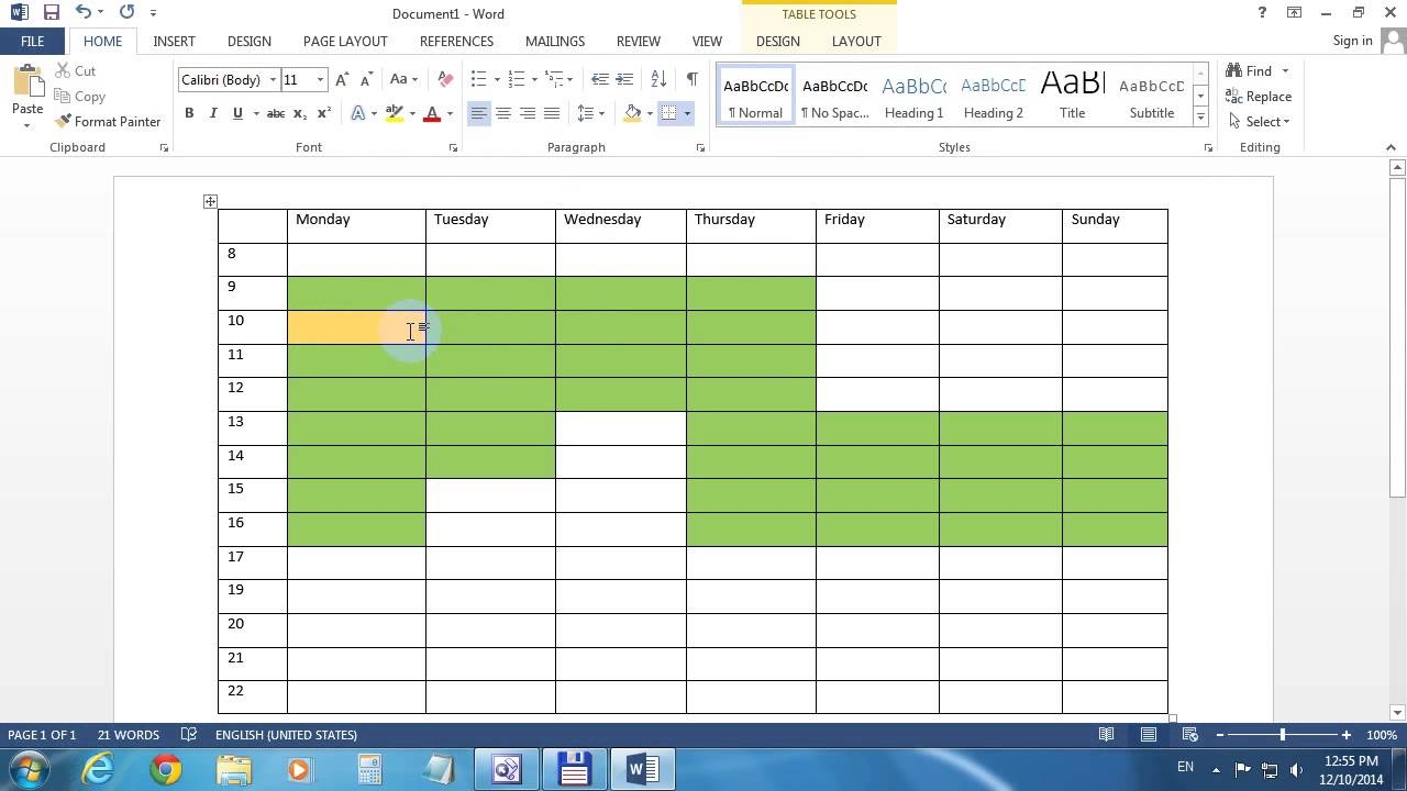 How to change Table Cell Color in Word 2013