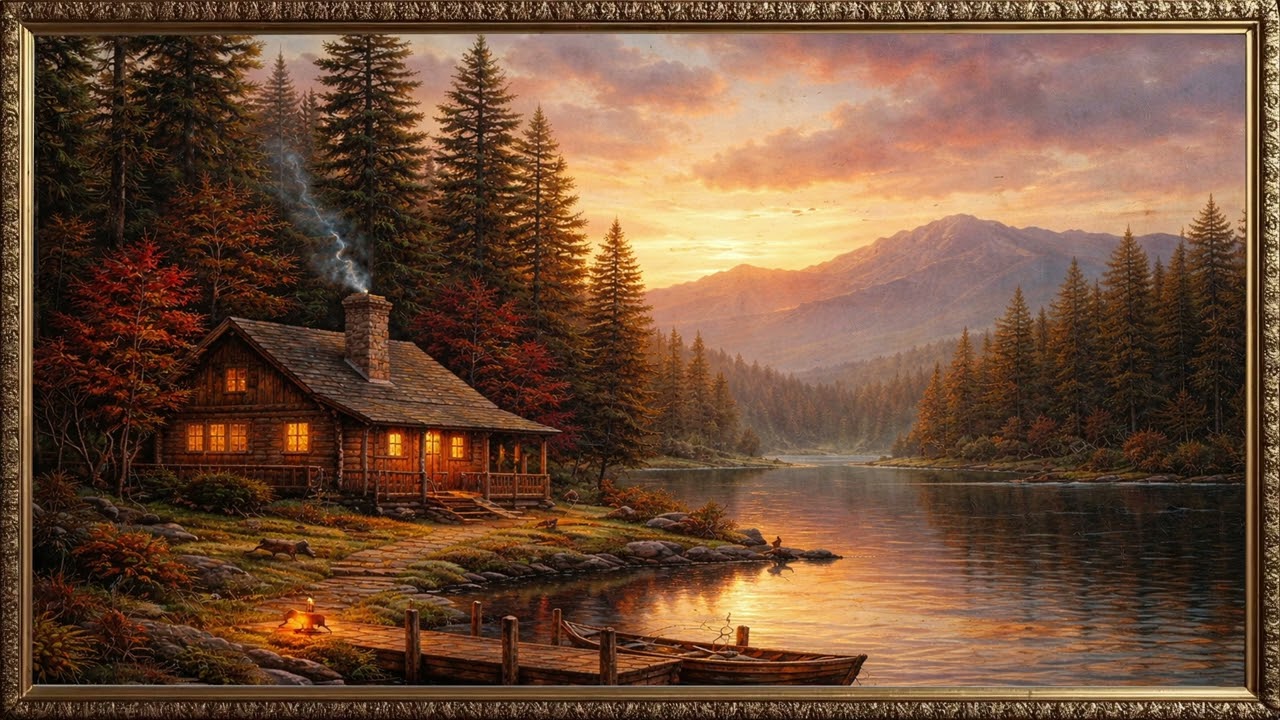 Cozy Cabin by the Lake at Sunset Art Wallpaper
