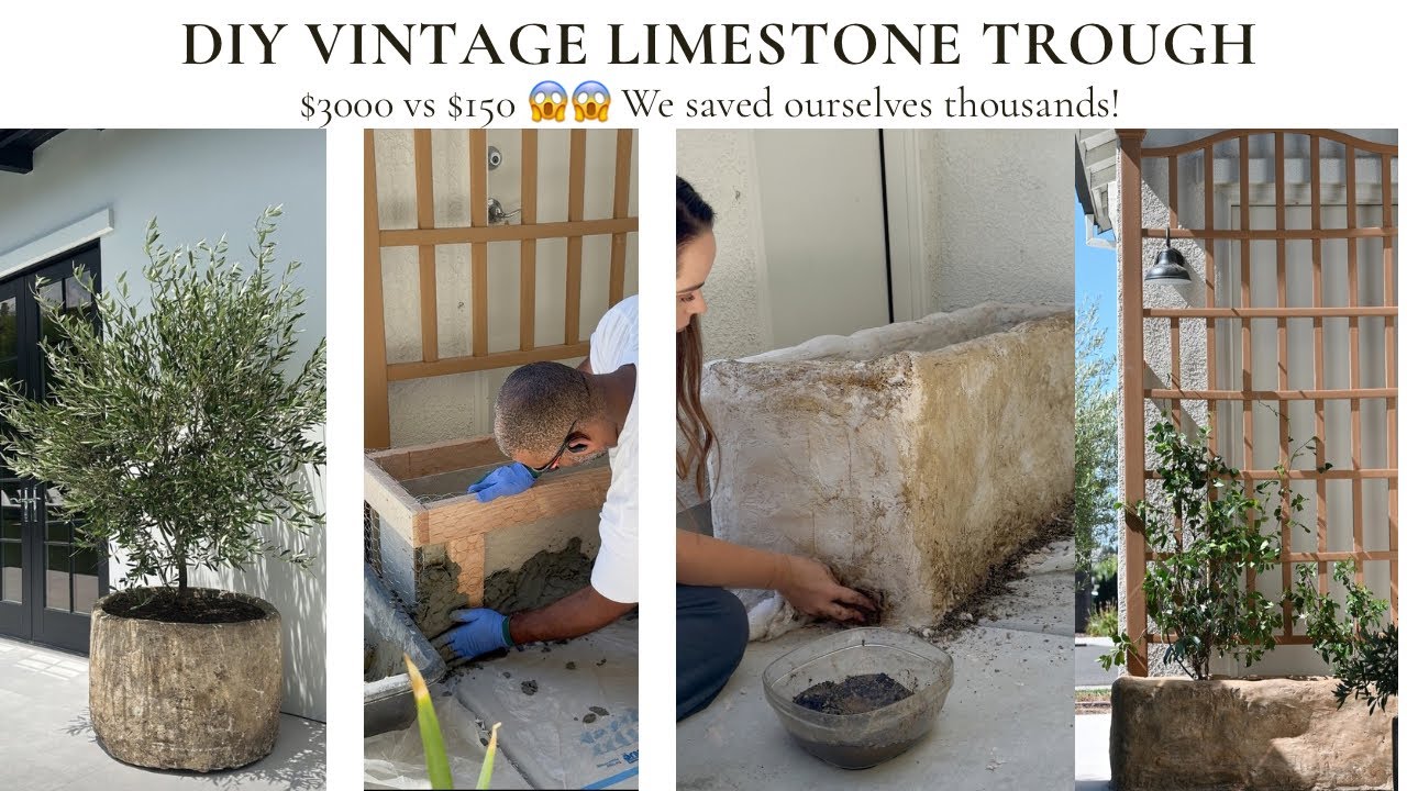 DIY Vintage Limestone Trough Planter + Fountain | OLIVE ATELIERS | Garden Trellis with Jasmine |