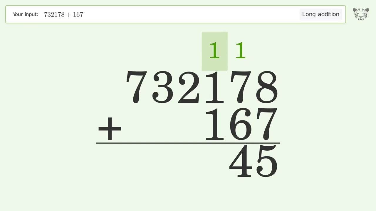 Long addition: Solve 732178+167 step-by-step solution