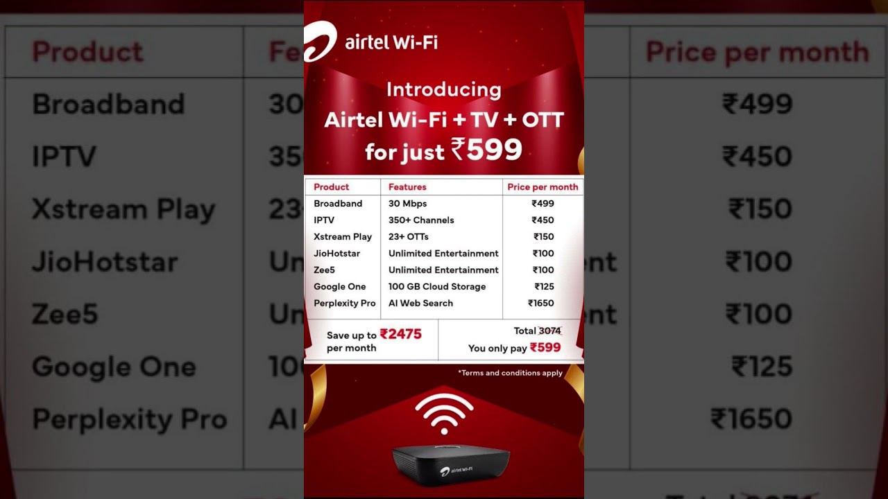 Airtel Wi-Fi 599 plan today launch Booking Available.......