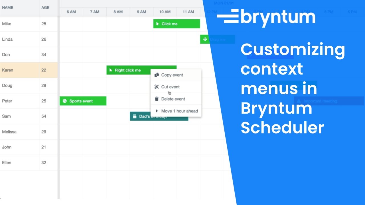 Customizing context menus in Bryntum Scheduler