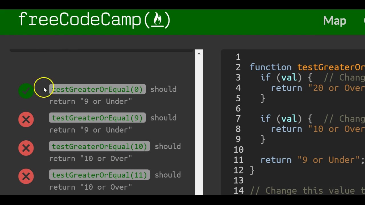 Comparison with the Greater Than Or Equal To Operator, freeCodeCamp Basic Javascript