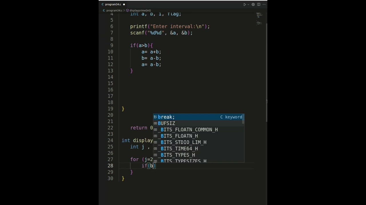 display prime numbers between a interval using function in c programming(day-45)