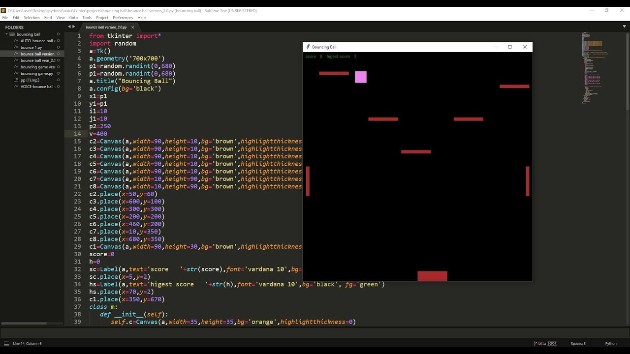 Tkinter python bouncing ball game get source code