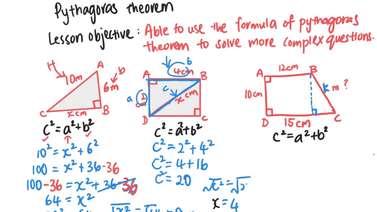 Pythagoras theorem formulas on more complex questions