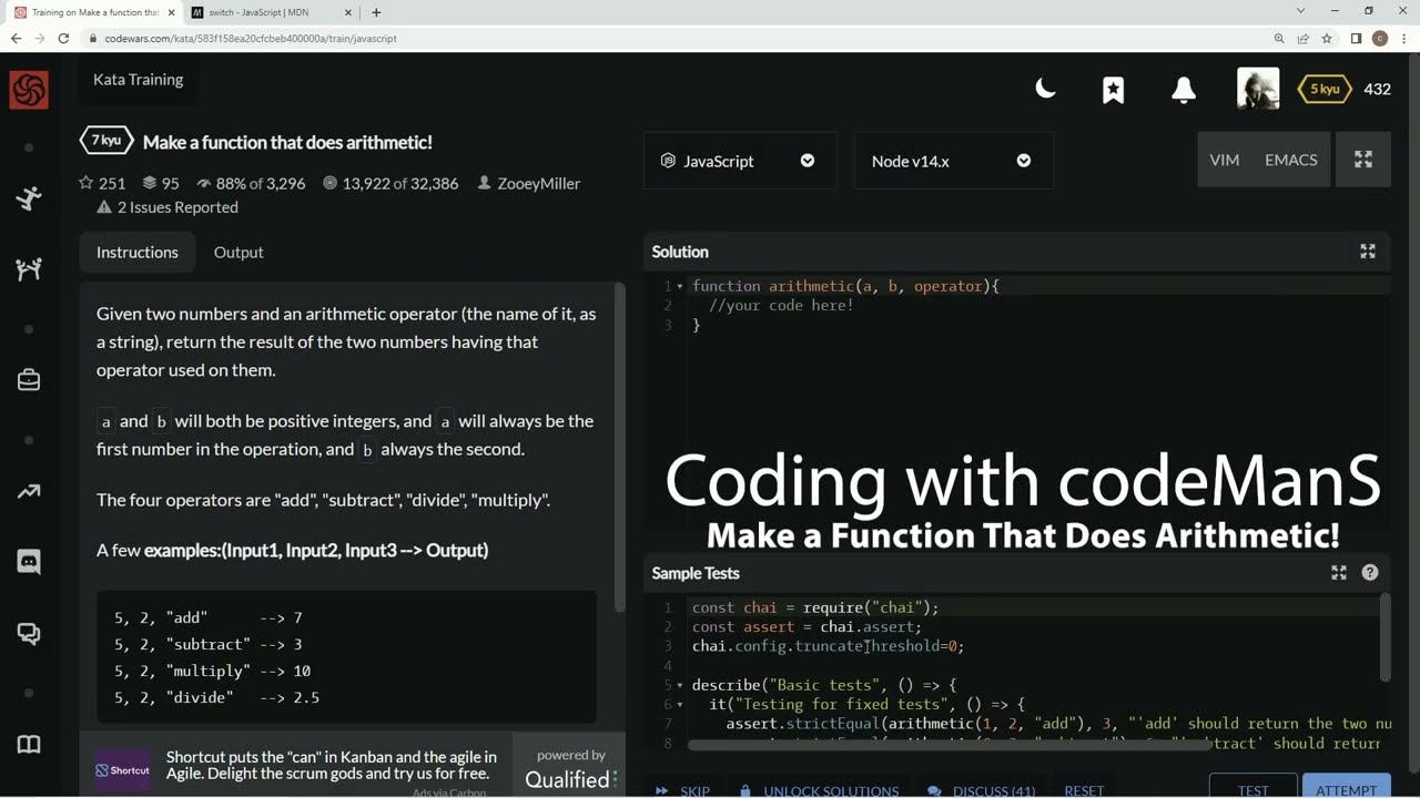 Codewars 7 kyu Make a Function That Does Arithmetic! JavaScript