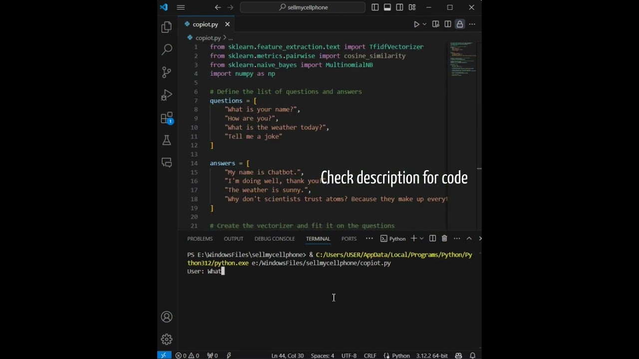 Chatbot in python sklearn ! Github copilot's  #githubcopilot #ai #shorts #bot #bot  #python