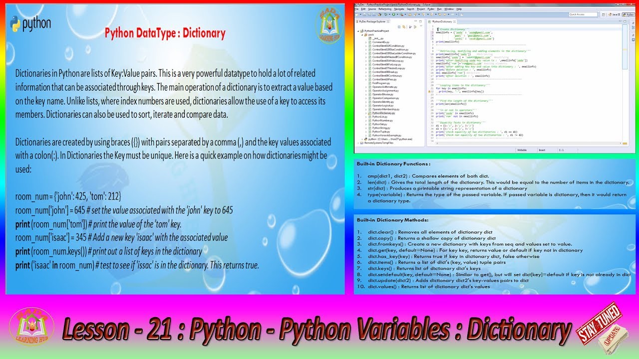 Lesson - 21 : Python3 - Python Variables : Dictionary