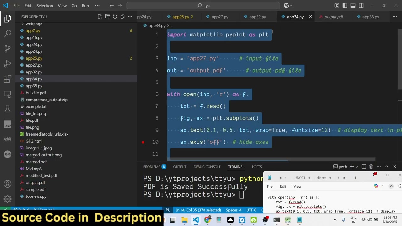 Python 3 Matplotlib Script to Export Source Code & Text With Syntax Highlighting to PDF Document