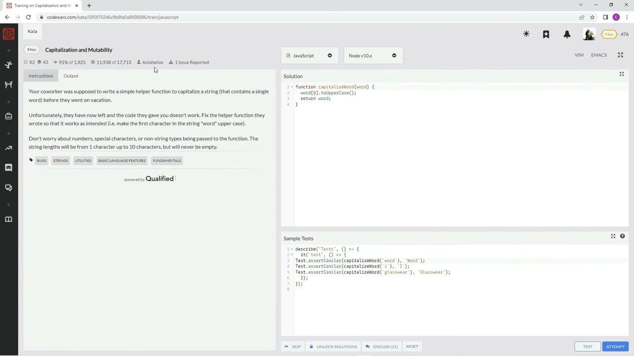 Codewars 8 kyu Capitalization and Mutability JavaScript