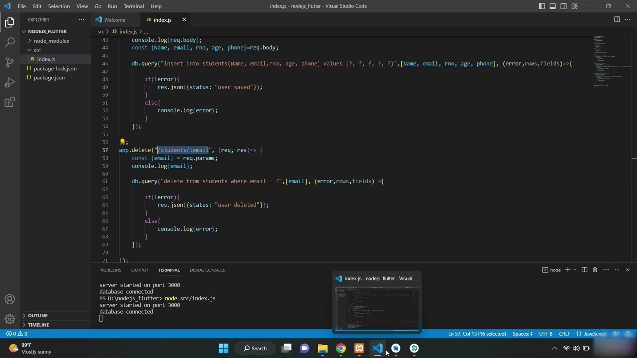 Node js delete query in flutter using mySQL database