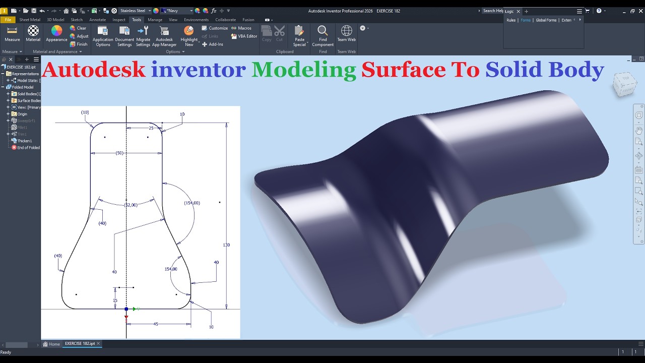Autodesk inventor Modeling Surface To Solid Body Exercise 182
