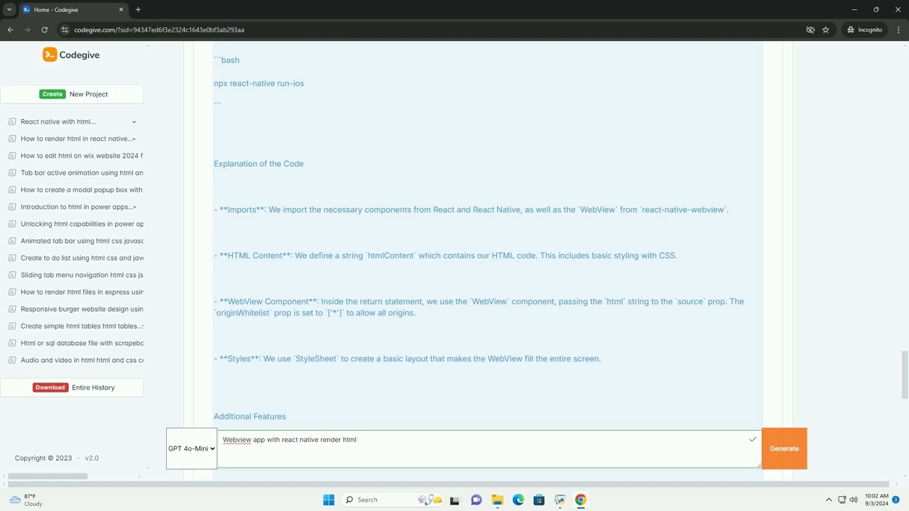 Webview app with react native render html