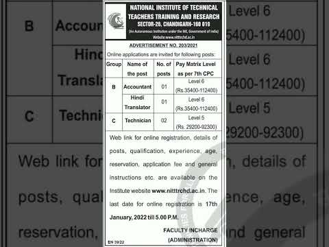 Various Vacancies in National Institute of Technical Teachers Training and Research, Chandigarh...