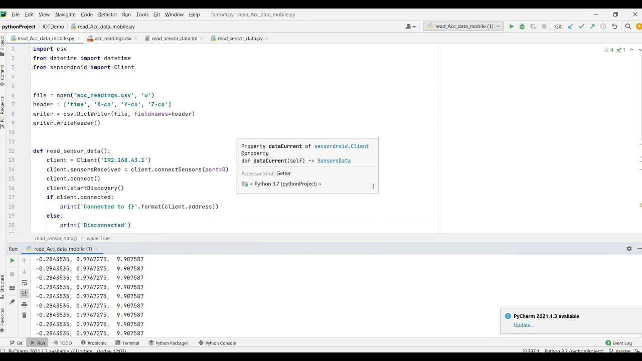 IOT Demo (Reading Accelerator sensor data) using python and bottle framework