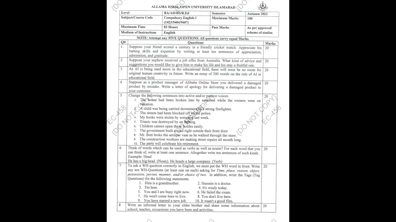 1423 Autumn 2024 paper  | 1423 today aiou paper