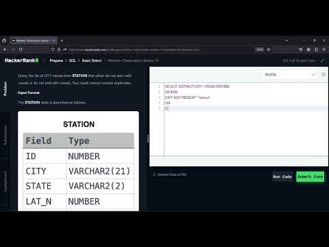 HackerRank SQL : Query City Names Not Starting or Ending with Vowels Using REGEXP | Ray Vision