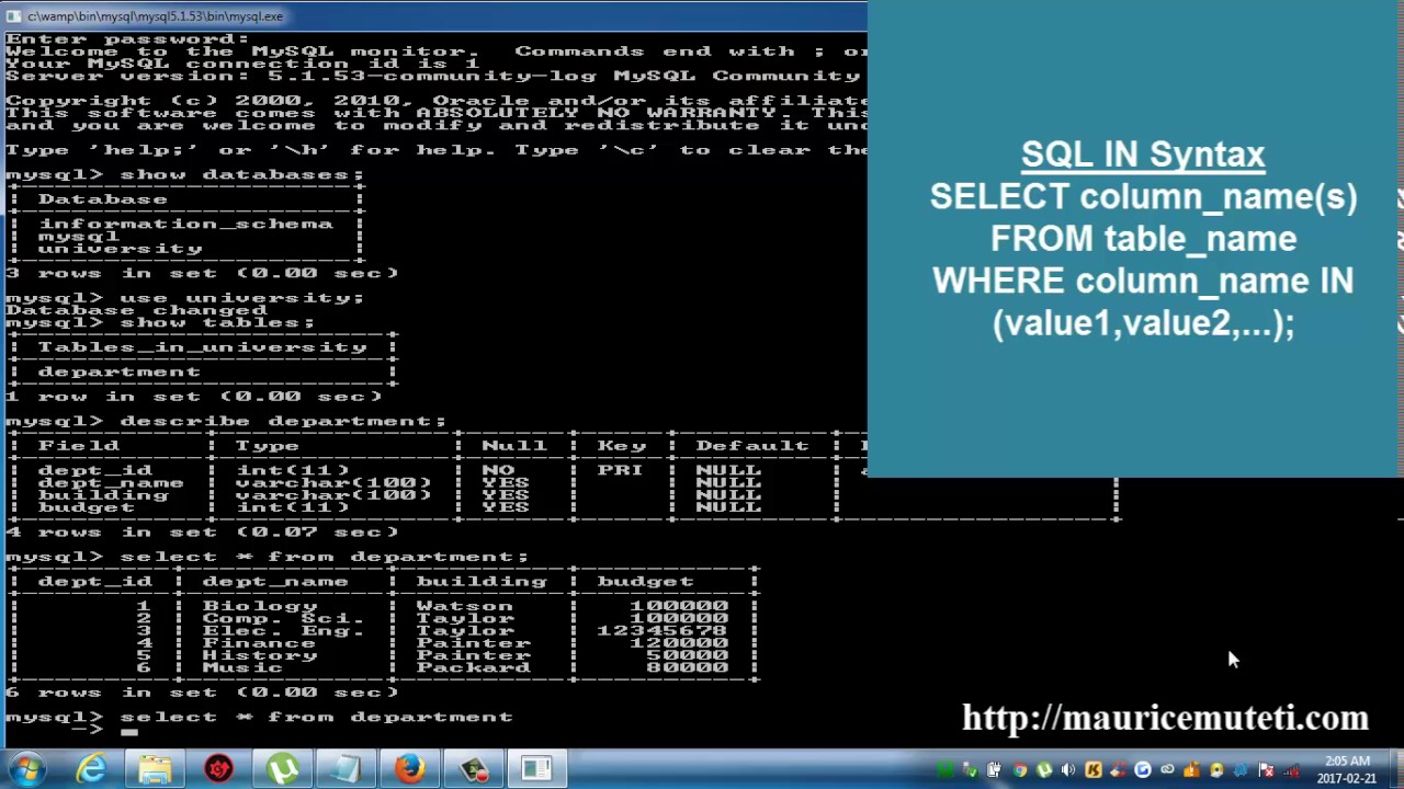 Structured Query Language Tutorial SQL Part 18   IN Operator Command Prompt   Console