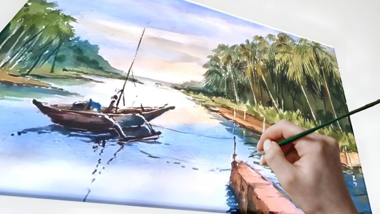 River Landscape with Boats and Palm Trees |Acrylic painting | Watercolor painting for beginners
