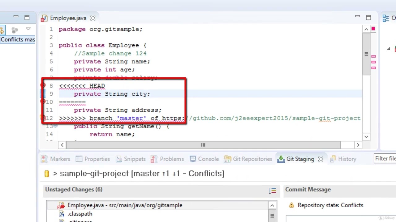 How to resolve conflicts in Git/GitHub pull using Eclipse