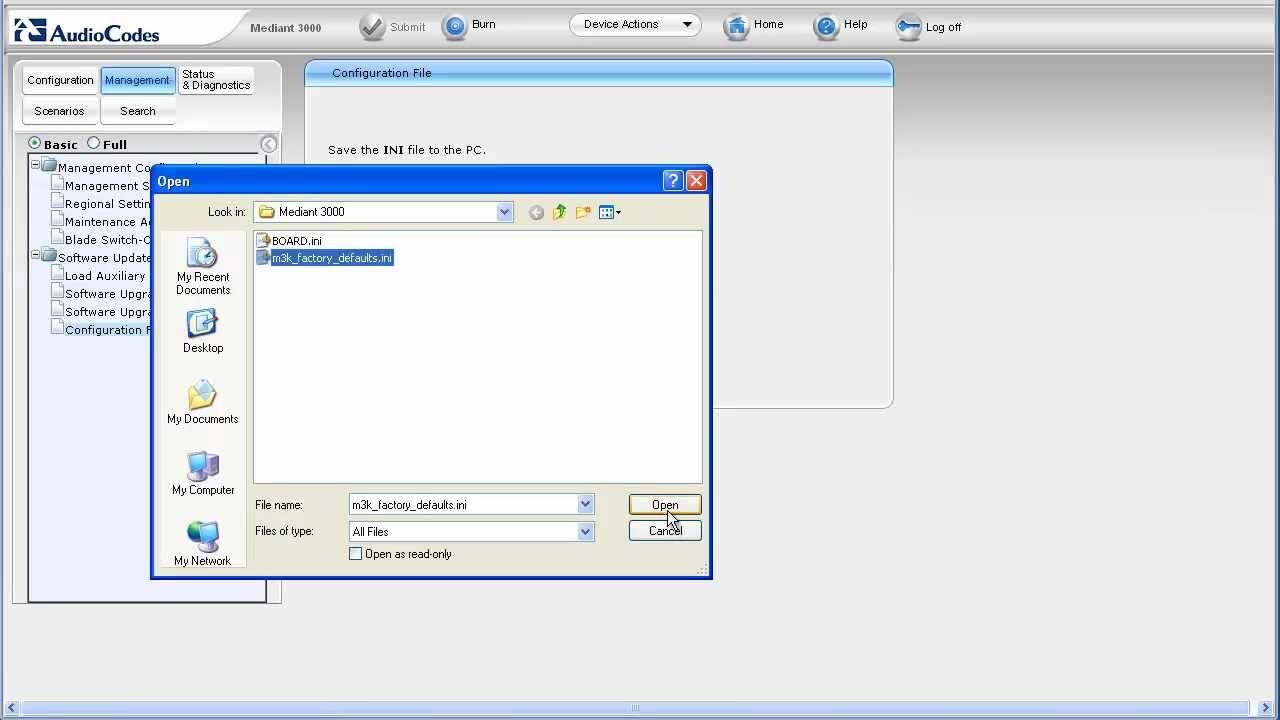 Default Mediant™ 3000 Configuration Parameter Settings Using an INI File