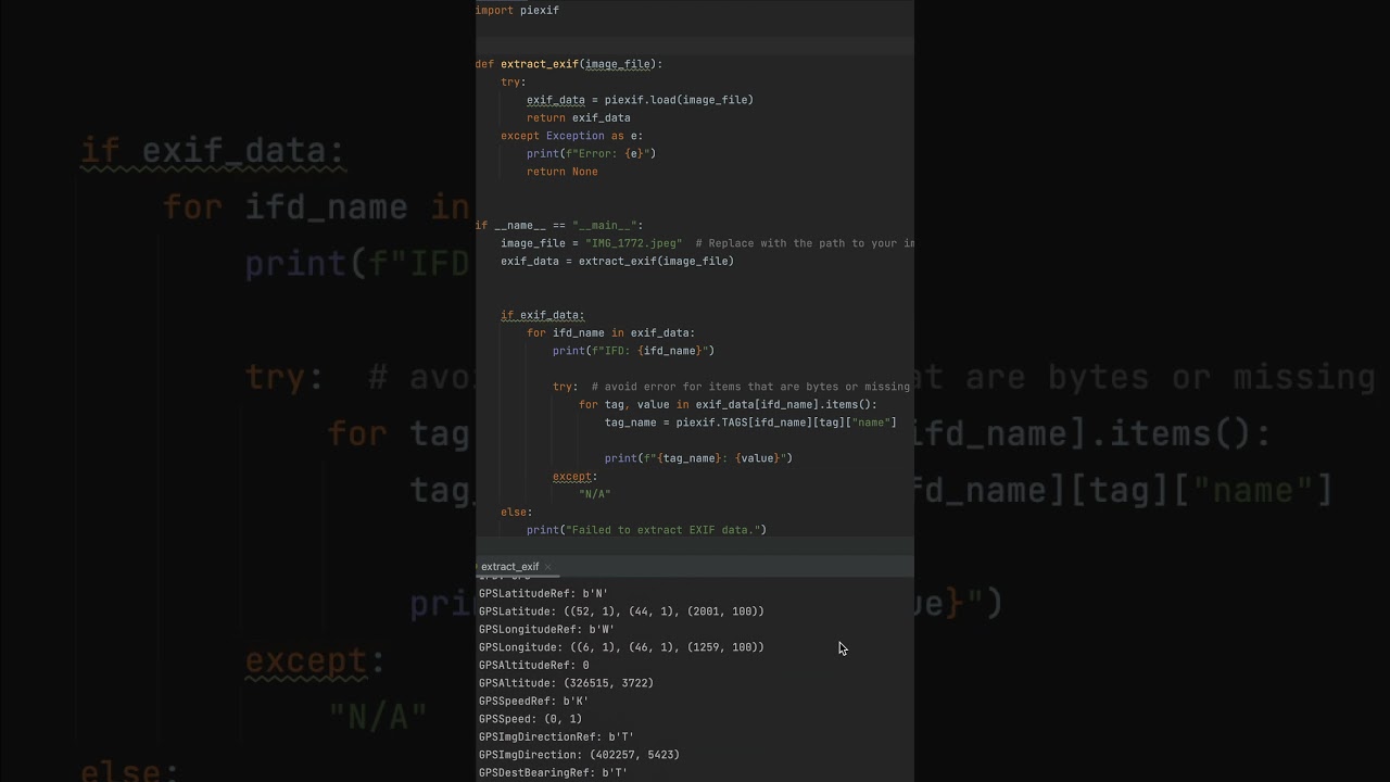 Extract EXIF Data from JPEG Photo Images #shorts  #coding  #python #programming #data #exifdata