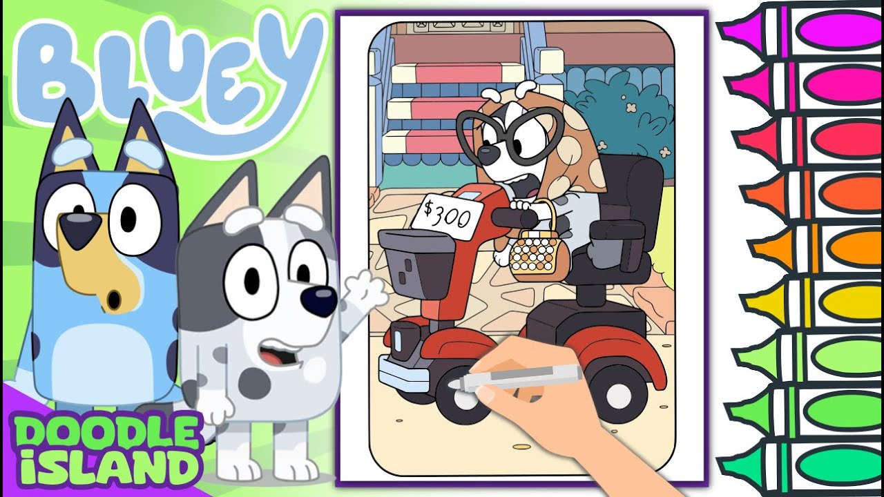 Coloring Bluey - Muffin and the Granny Mobile  | Bluey Coloring Pages