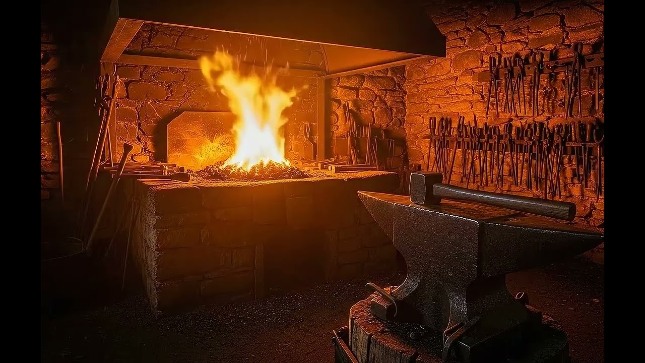Medieval Blacksmith Forge | Roaring Fire & Rhythmic Hammering for Focus