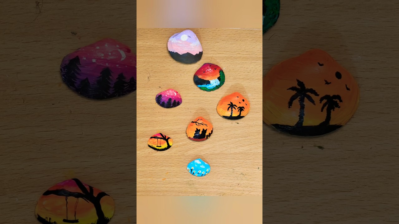Mini Sea Shell Sunset Painting | Tree with Swing Silhouette Art #acrylicpainting #seashellart