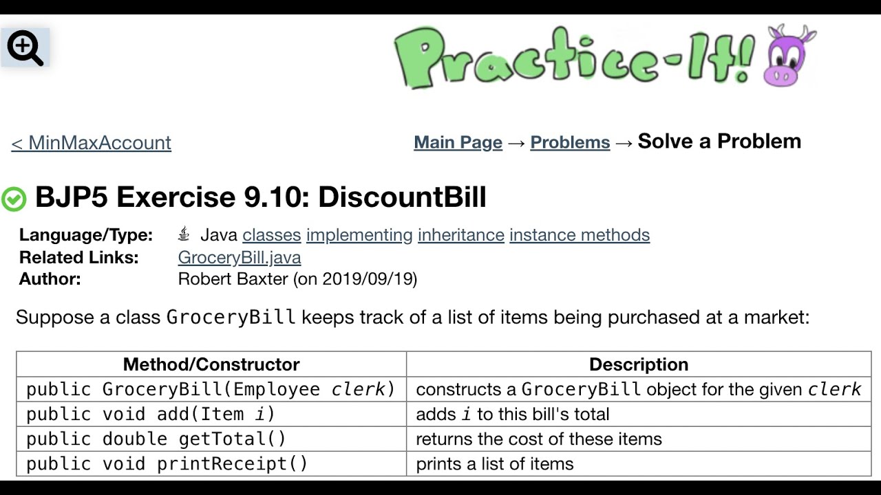 Java Practice It | Exercise 9.10: DiscountBill | classes, implementing, inheritance, instance method