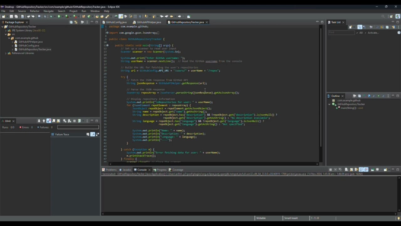 GitHub Repository Tracker Project in Eclipse using GitHub API