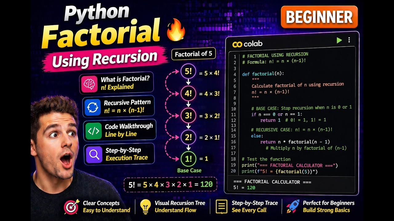 Factorial Using Recursion 🔥 Step-by-Step Explained (Python Beginner Guide)