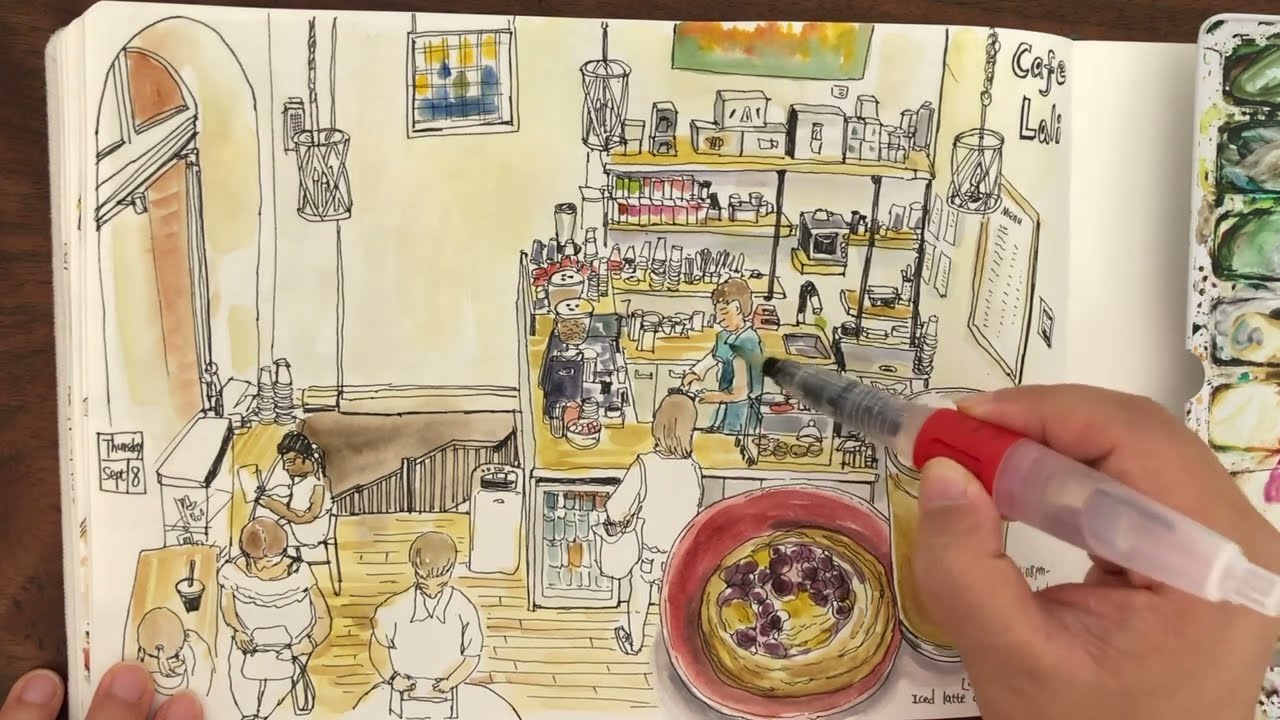 Cafe Interior Sketch from Bird Eye Angle 🎨 Ink and Watercolors Full Process On Location