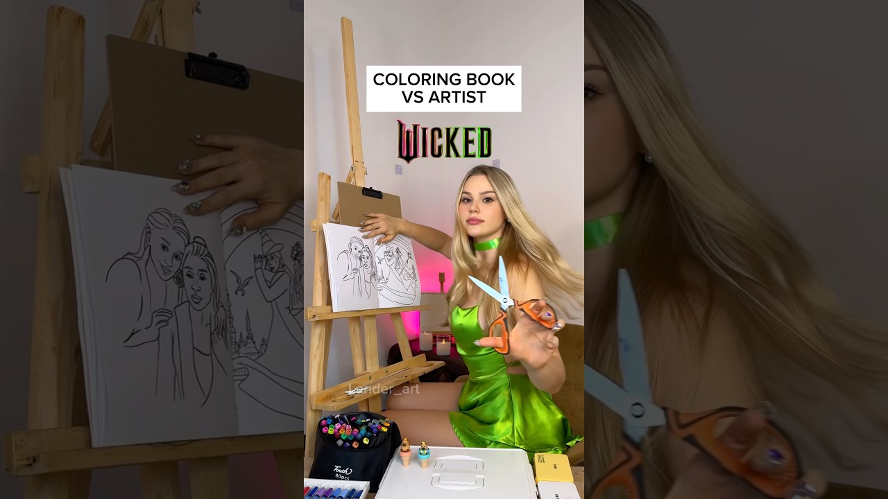 COLORING BOOK VS ARTIST 🩷WICKED💚DID YOU FIND HIDDEN HEARTS? #wicked #art #elphaba #glinda #drawing