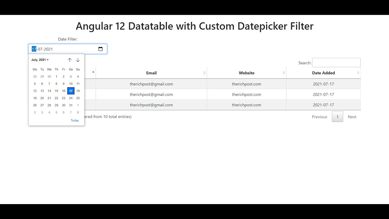 Angular 12 Datatable with custom DatePicker Filter